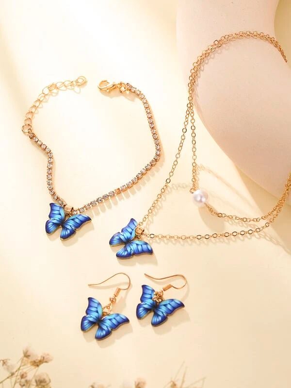 Shein - Butterfly Jewelry Set Decorated With Artificial Pearls 4 Piece ...